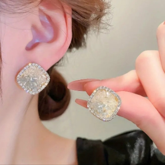 Jewelry | Nwt Diamond Halo Champaign Square Shaped Studs | Poshmark